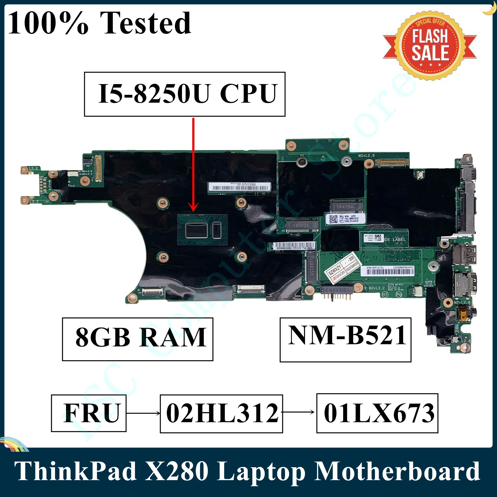 Lsc para lenovo thinkpad x280 portátil placa mãe sr3la I5 8250U cpu 8gb ...