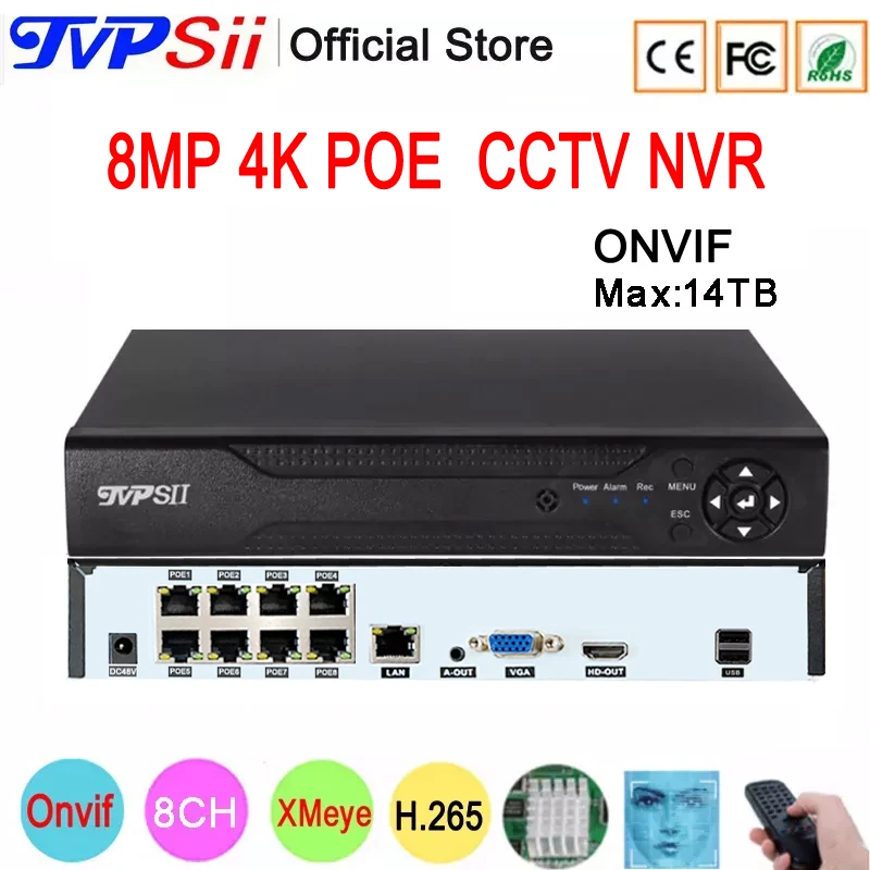 Remote Control Xmeye Audio 48v Max 14tb H.265+ 4k 8mp 8ch 8 Channel ...
