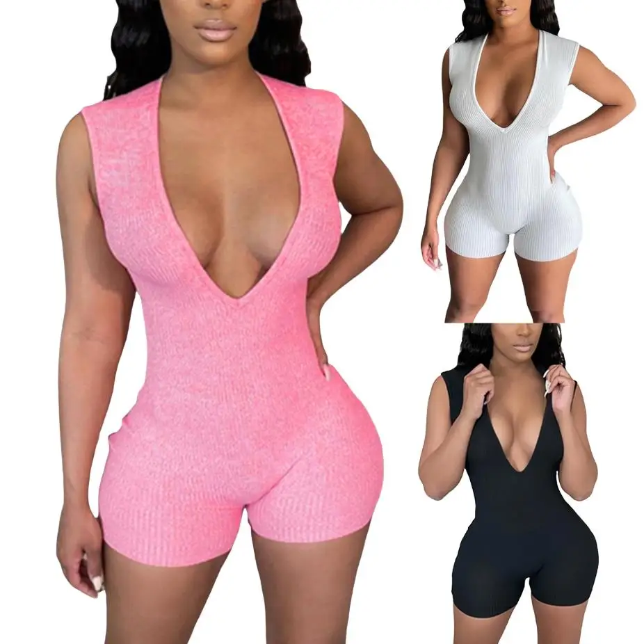 Summer Women Solid Color Short Romper Slim Fit Sleeveless Tight Jumpsuit Deep V-neck Jumpsuit ...