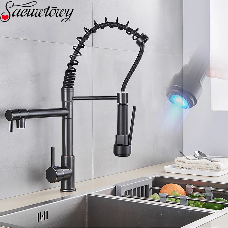 Led Light Deck Mounted Spring LED Kitchen Faucet Pull Down Double ...