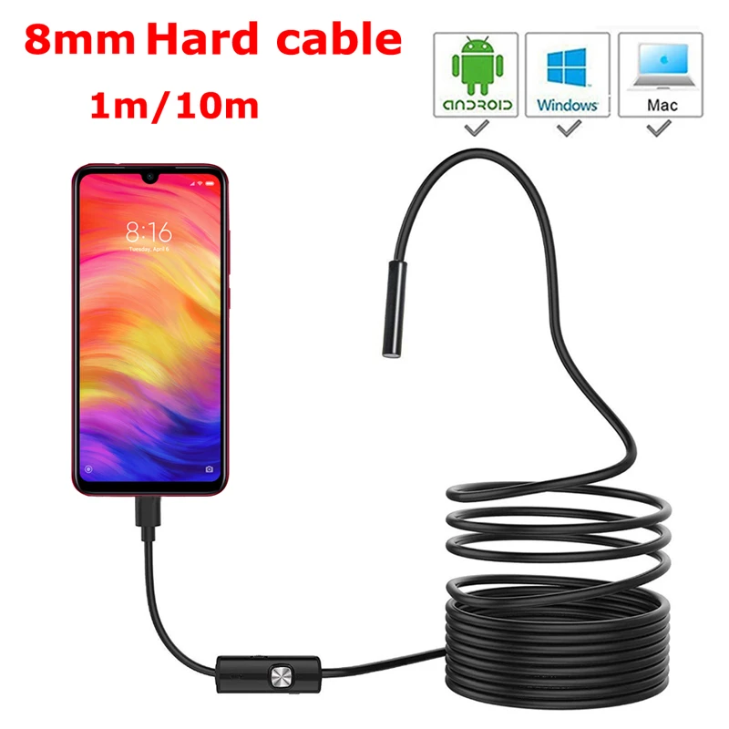 8mm HD Lens 1M/2M/5M/10M Hard Cable Android USB Endoscope Camera Led ...