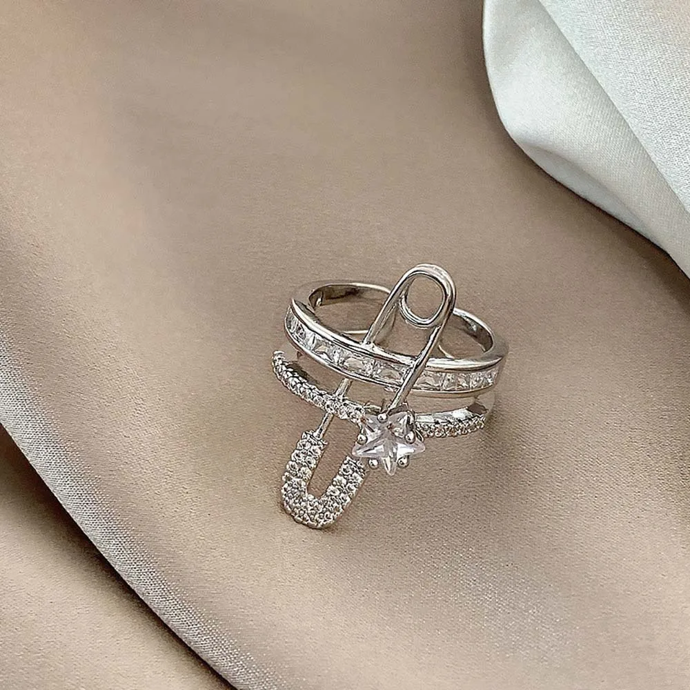 Creative Micro-inlaid Zircon Safety Pin Ring Double Layer Open Finger ...