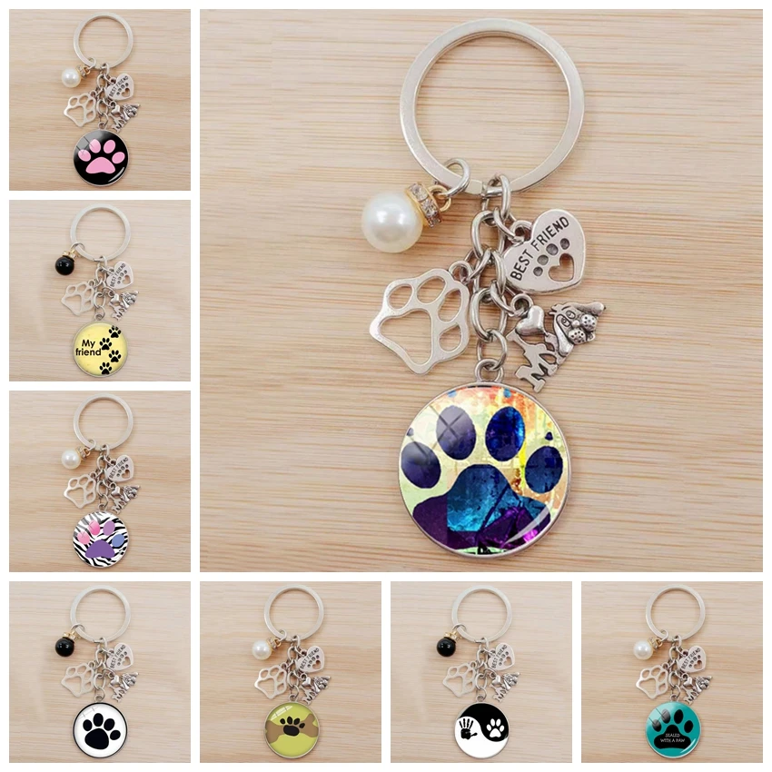 Cute animal paw print glass keychain, I love my dog pendant keyring ...