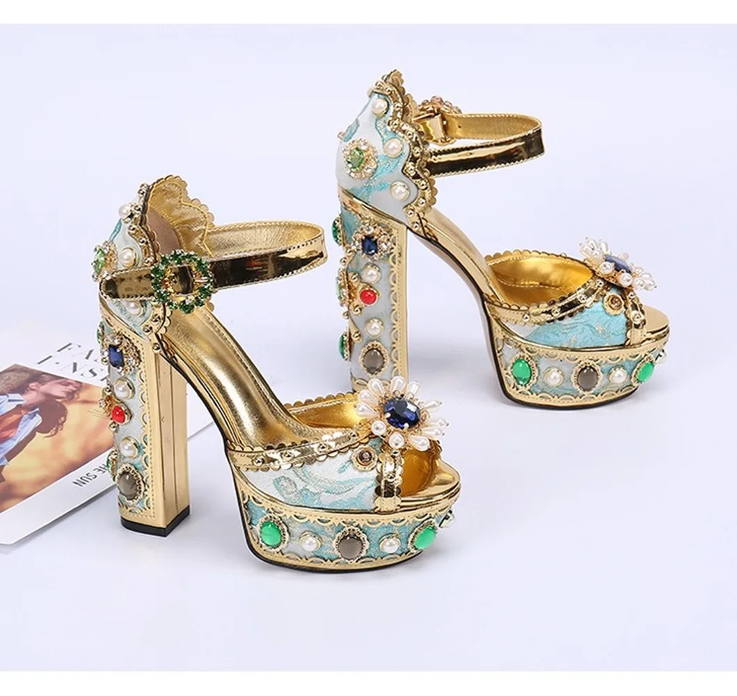 Womens Platform Peep Toe Gold Diamond Ankle Buckle Rhinestones Crystal ...