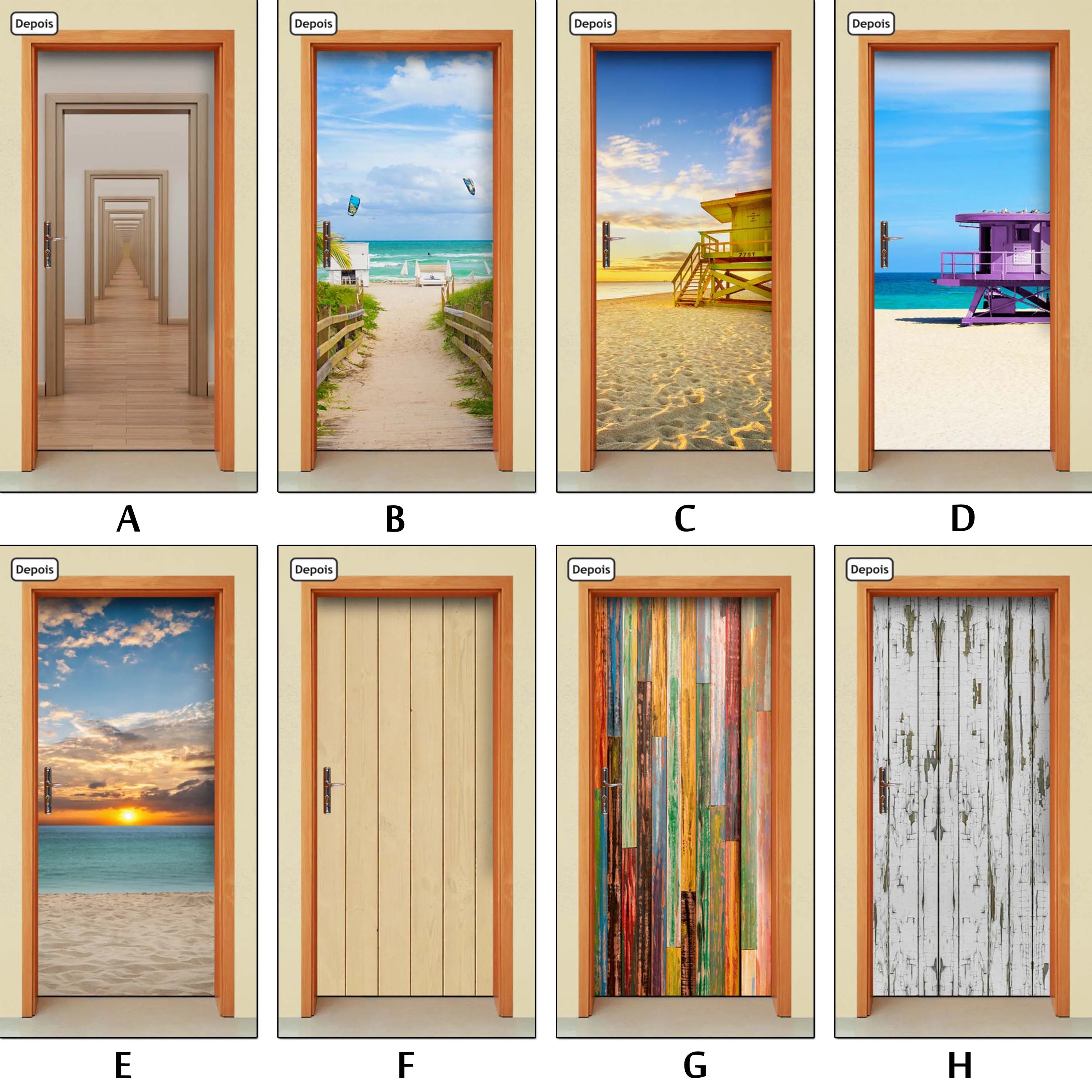 Custom Door Stickers Wooden Gate Beach PVC Waterproof Wallpaper For ...