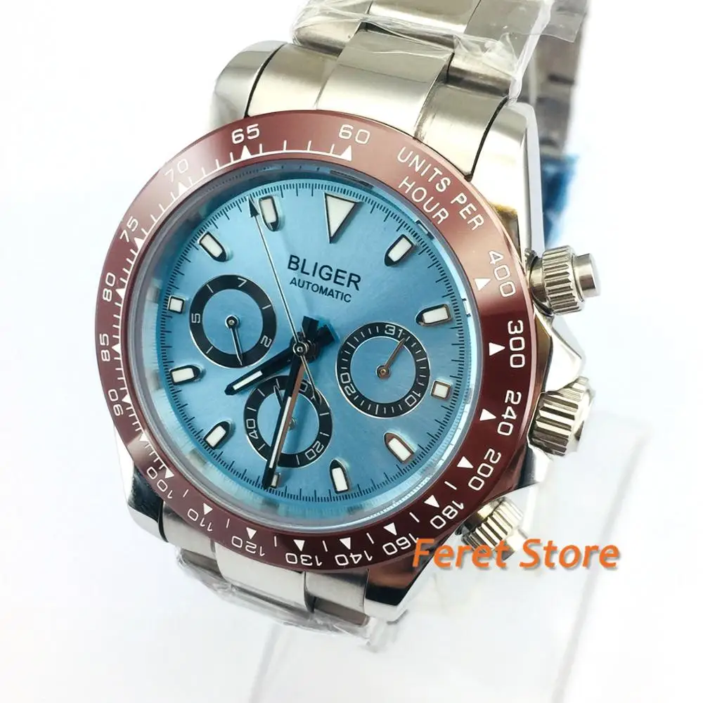 Bliger 39mm Sapphire Glass Silver Case Blue Dial Ceramic Bezel Luminous ...