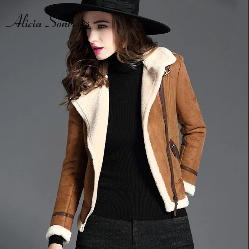 Замшевая Женская Толстая куртка из искусственной овчины мотоциклетная Байкерская кожаная куртка