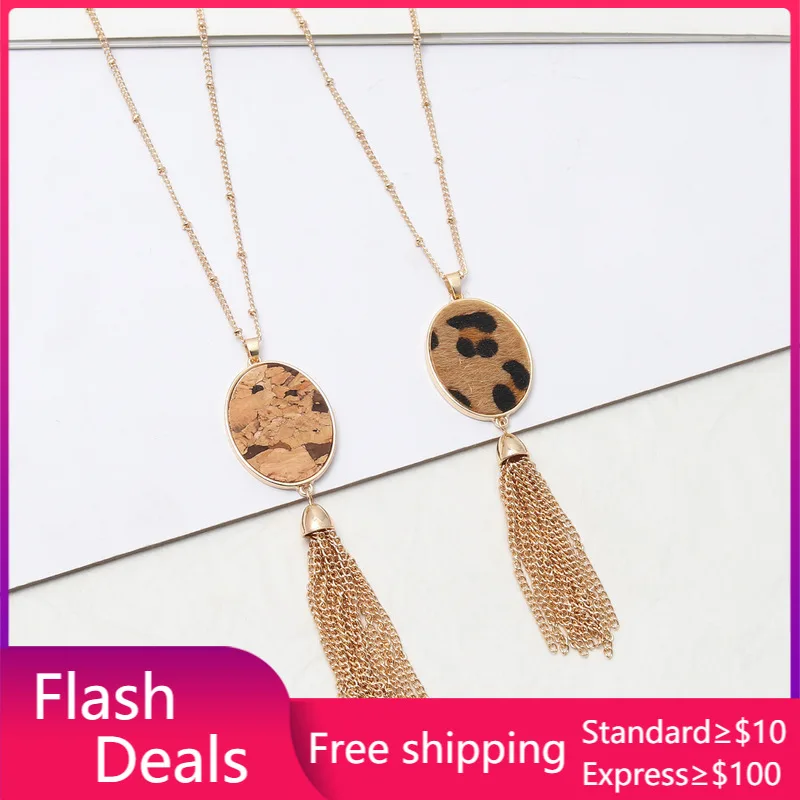 Big-Leopard-Print-Oval-Pendant-Necklace-Gold-Links-Tassels-Long-Chain ...