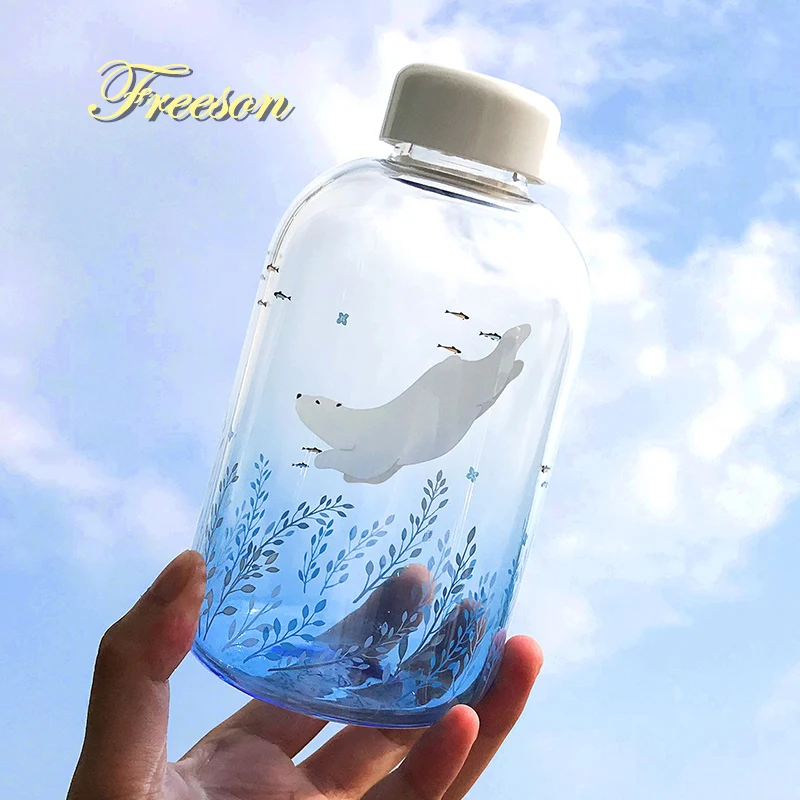Gradient Blue Glass Water Bottle Cute Polar Bear Seal Bottles 600ml ...