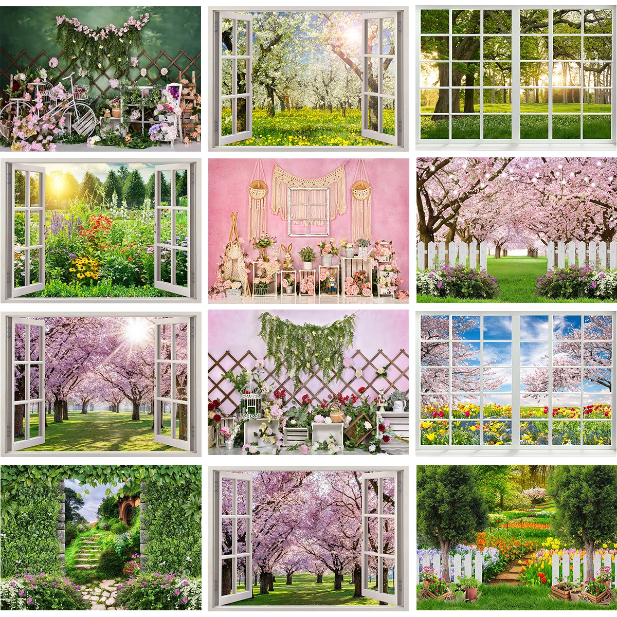 Spring Garden Backdrop Wood Window Flower Pink Cherry Blossoms Kids ...