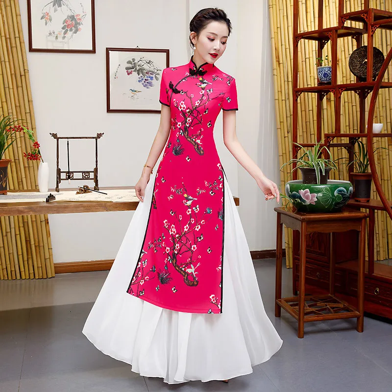 Womens Ao Dai Long Cheongsam Hot Pink Evening Tunic Dress Chinese Style ...