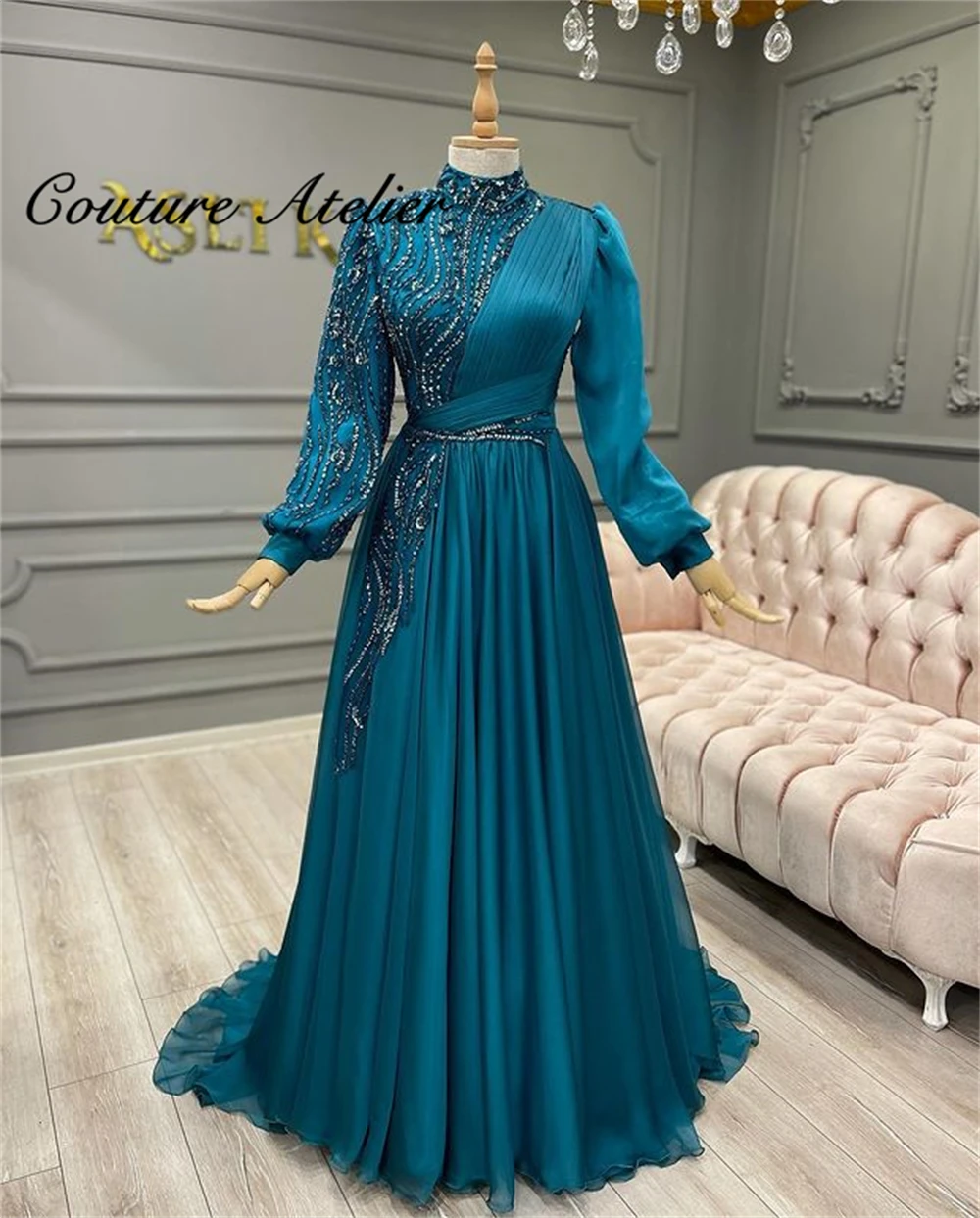 Turkey Arabia Muslim Evening Dresses Puff Long Sleeve Beaded Party ...