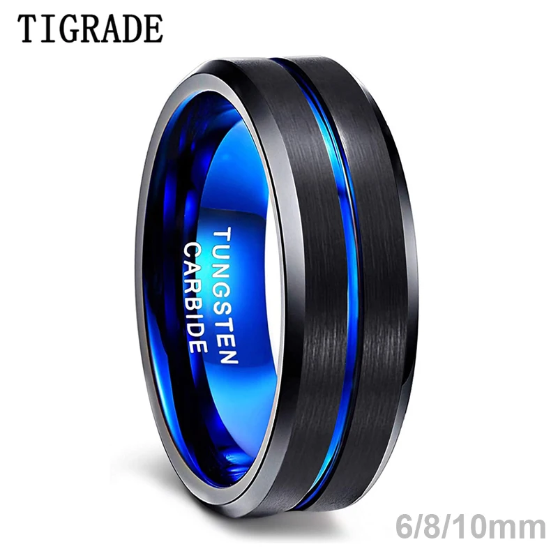 TIGRADE 6/8/10mm Blue&Black Mens Tungsten Carbide Ring Blue Line Design ...