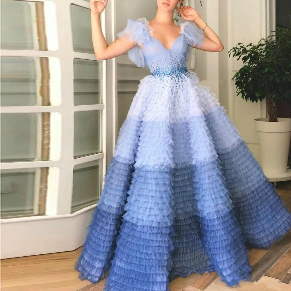 2020 Beaded Prom Dresses V Neck A Line Tiered Skirts Cap Sleeve ...