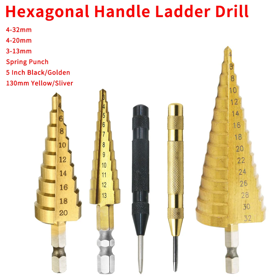 Hex Titanium Step Cone Drill Bit 4 20/32mm 5 Inch HSS Steel Step Cone ...