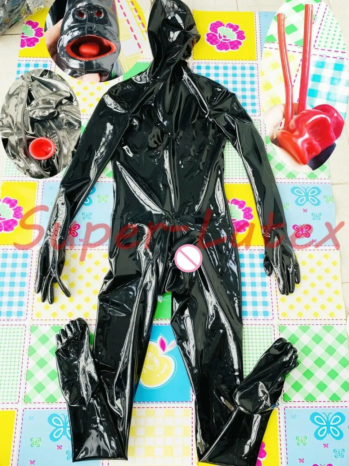 Latex Catsuit Mit Zehen Mesh Augen 15cm Lange Nase Rohr Rot ZÄhne Zip