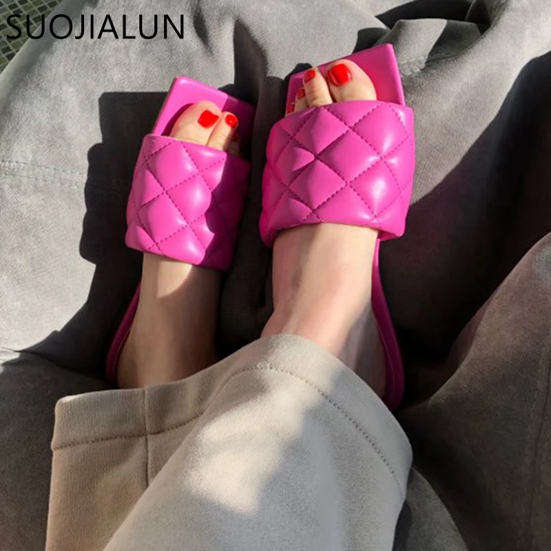 SUOJIALUN 2021 Square Toe Slippers Flat Heel Women Embroidery Diamond ...