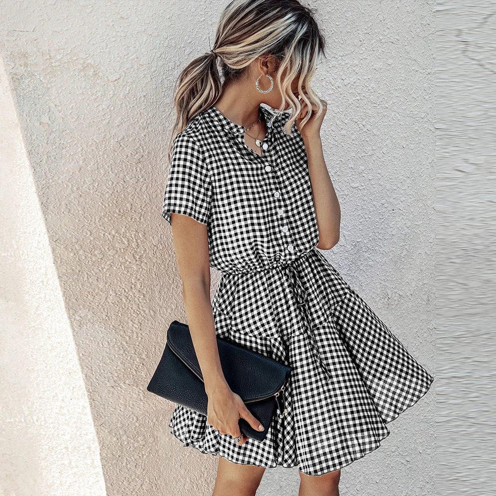 2020 Women Plaid Dress Classic Red White Plaid Dresses Women Short ...