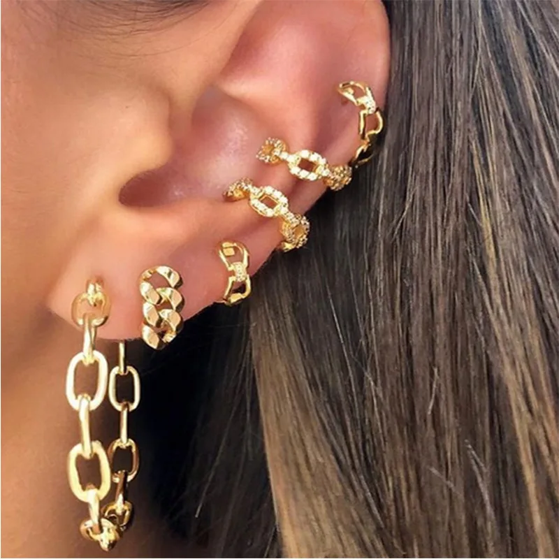 6Pcs/Set Retro Punk Gold Color Chain Hoop Earring Set for Women ...