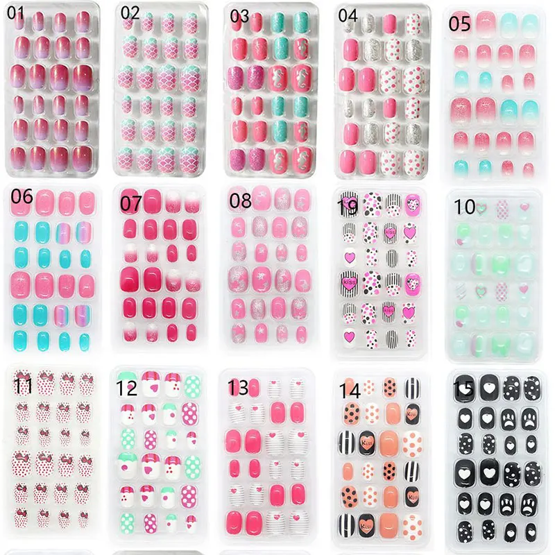 24Pcs-Set-Candy-False-Nail-Tips-Cartoon-Full-Cover-Kid-Pink-Fake-Press ...