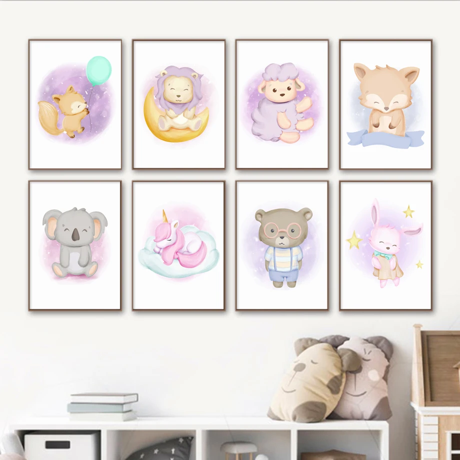 귀여운 풍선 폭스 토끼 곰 코알라 사자 북유럽 포스터와 지문 만화 아트 캔버스 회화 벽 사진 어린이 방 장식그림 And 서예
