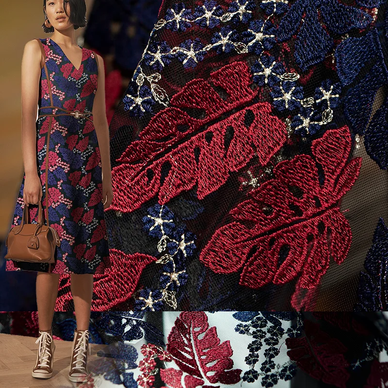 Couture moda vermelho & marinha folhas padrão com ouro bordado sheer ...