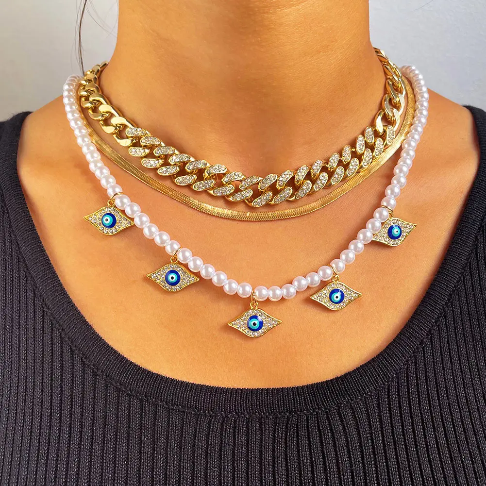 Flatfoosie-Iced-Out-Cuban-Chain-Evil-Eye-Crystal-Pearl-Necklace-For ...