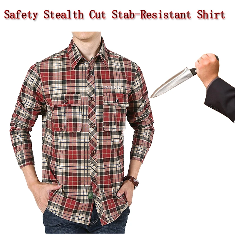 Self Defense Tactical Plaid Men Anti Cut Knife Resistant Shirt Fashion ...