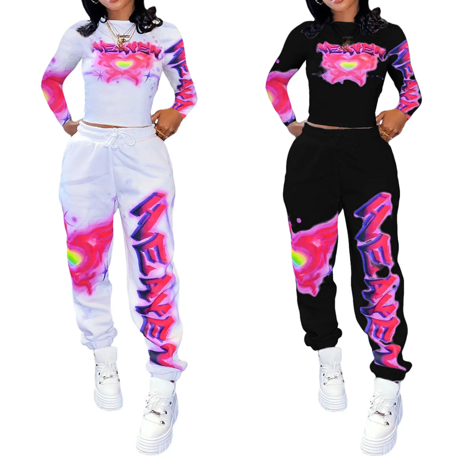 Two Piece Outfits Graffiti Letter Print Joggers Sweat Suits Women ...