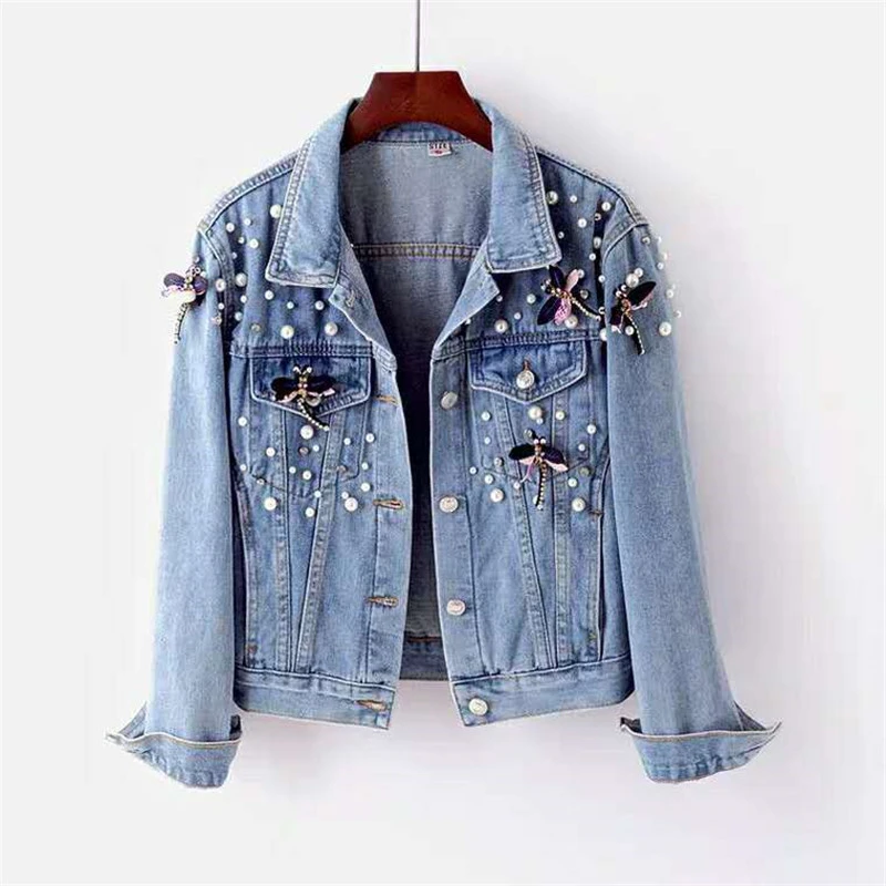 2021 Autumn Denim Jacket Coat Women Beading Loose Overcoat Jeans Jacket ...