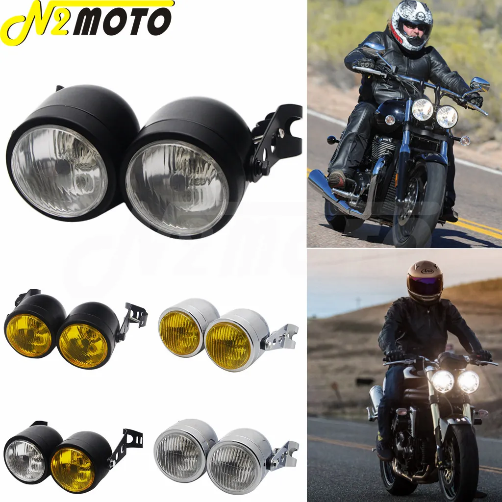 Black Motorcycle Cafe Racer Retro Twin Headlight Holder Fork Double ...