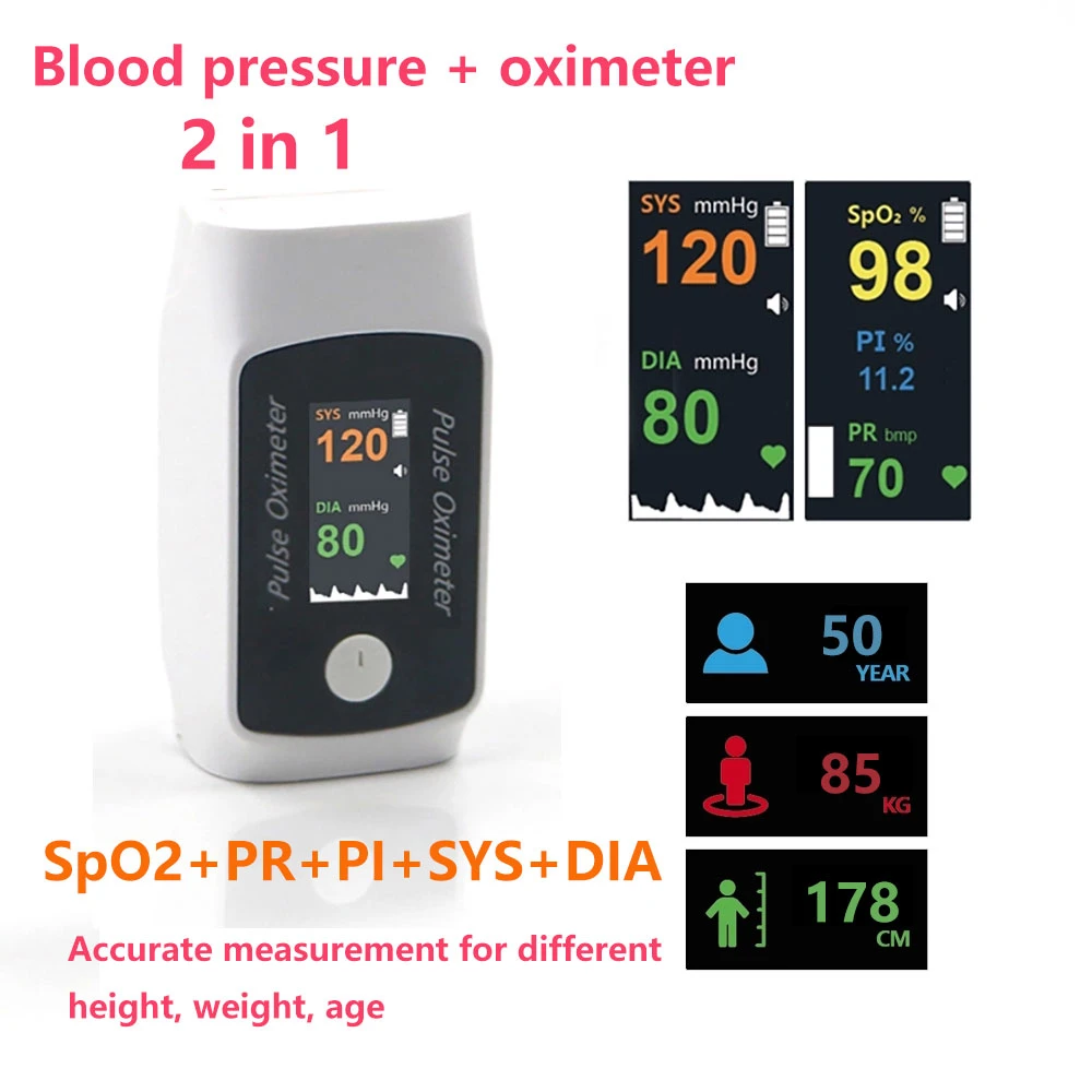 Smart Oximeter Sphygmomanometer SpO2 PR PI SYS DIA Fingertip Oxymeter ...