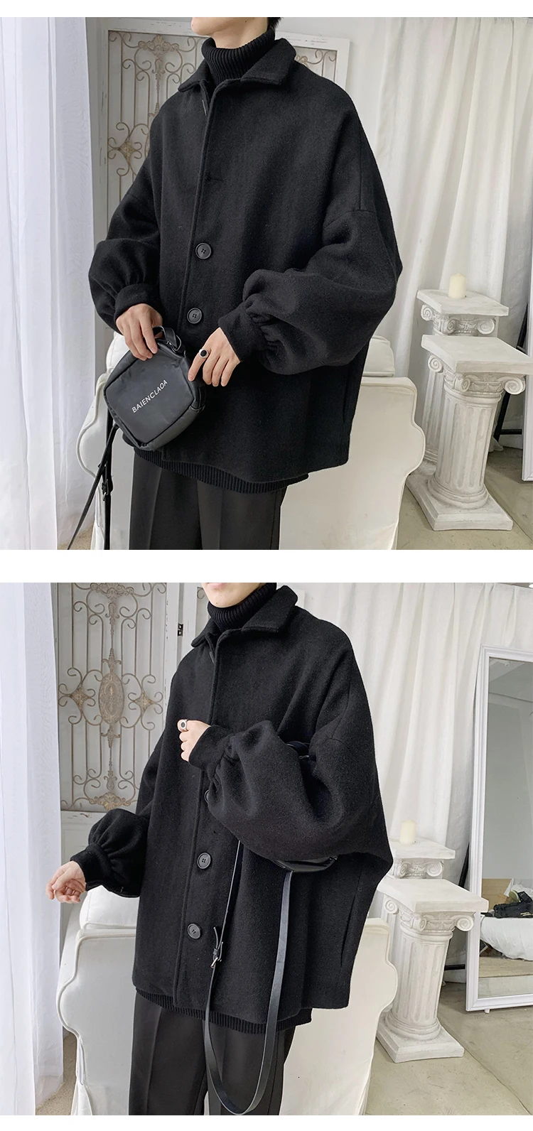 Зимнее черно-белое бархатное шерстяное пальто, Мужская модная ...