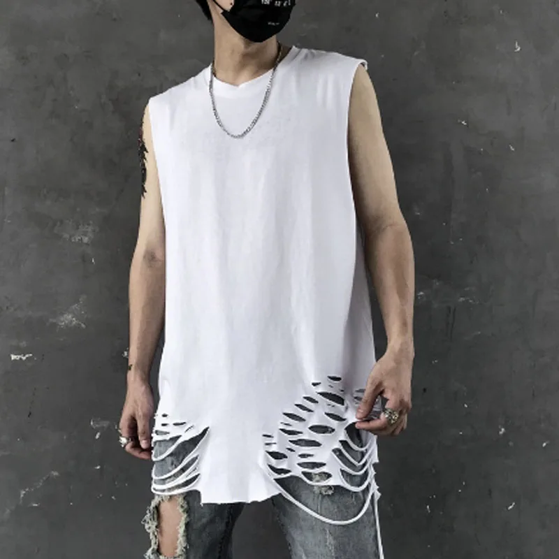 Men summer ripped hole vintage punk tank top street hip hop vest man ...