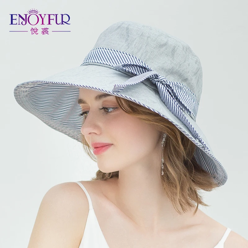 ENJOYFUR Cotton Summer Sun Hats For Women Fashion Wide Brim Bowknot ...