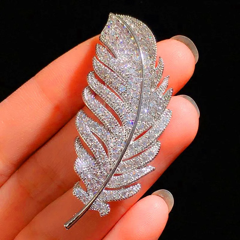 Luxury-Elegant-White-Crystal-Feather-Brooches-Silver-Color-Rhinestone ...