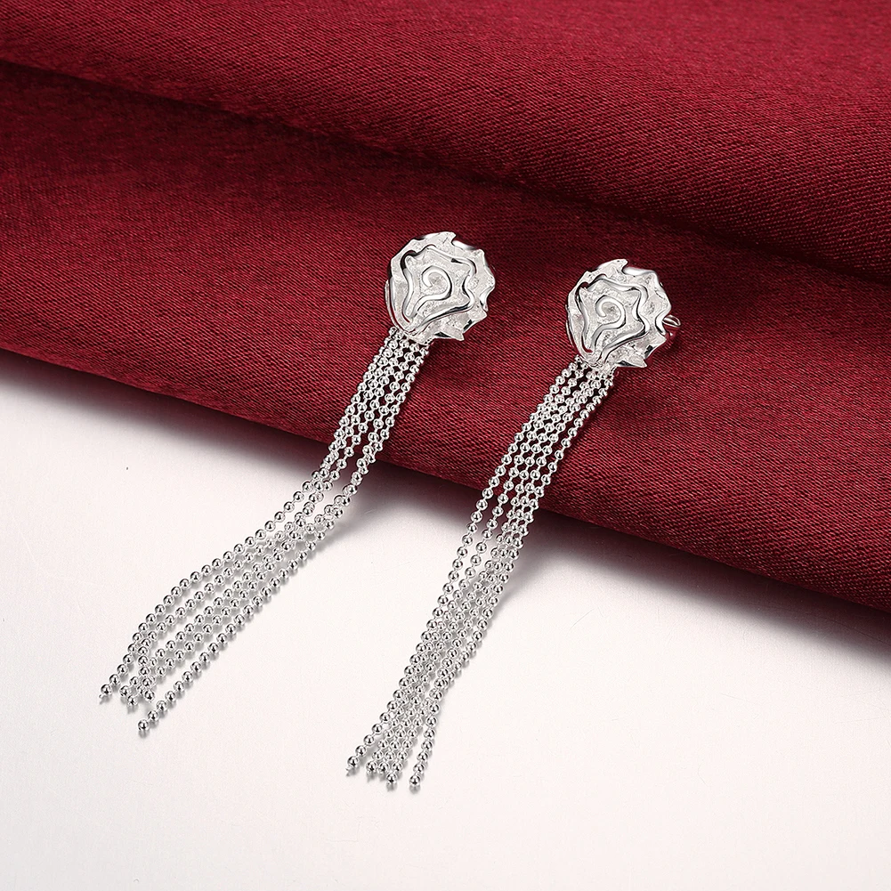 Fine 925 Stamp Silver color Jewelry set rose flower bangle rings ...