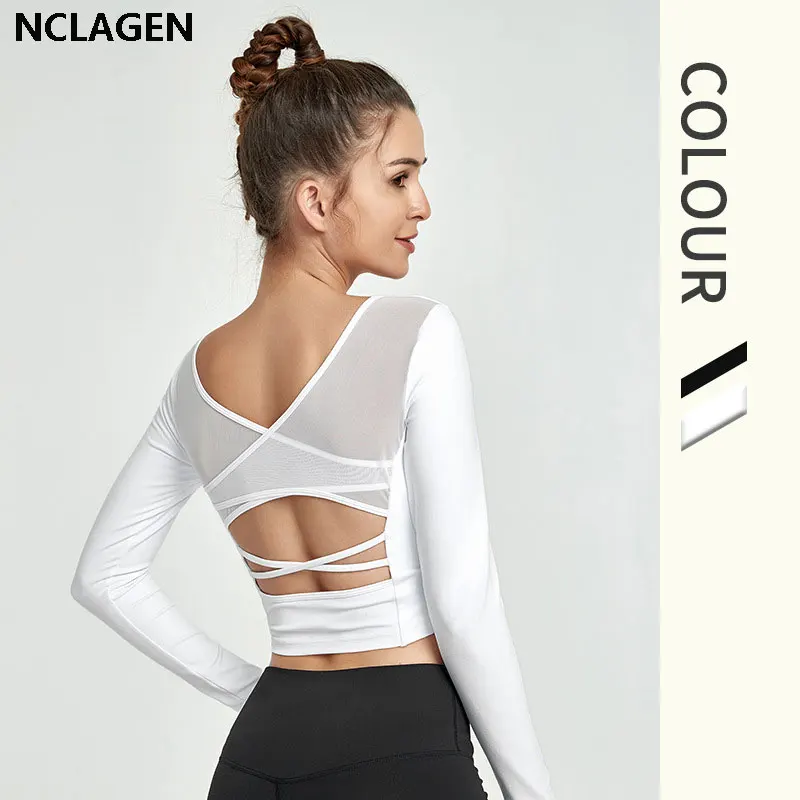 Sport Shirts Dry Fit Woman Long Sleeve Padded Yoga Tops Open Back Gym ...