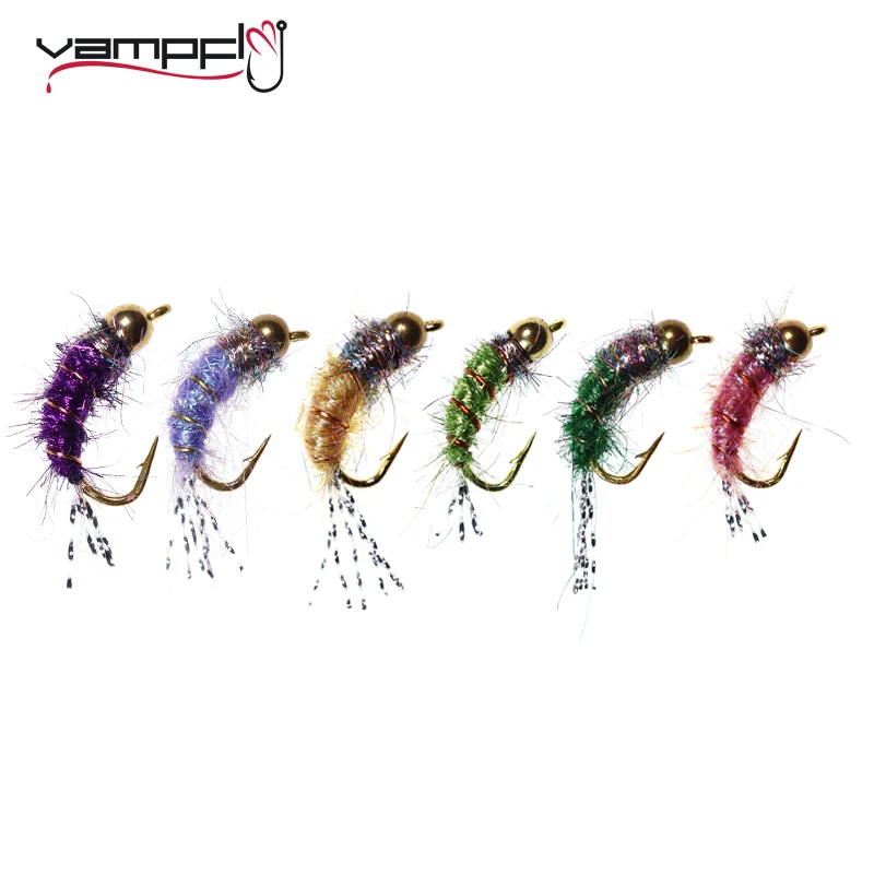 Vampfly 12PCS ทองเหลืองหัวลูกปัดตกปลาแมลงวันปลาเทราท์เหยื่อ Rainbow ...