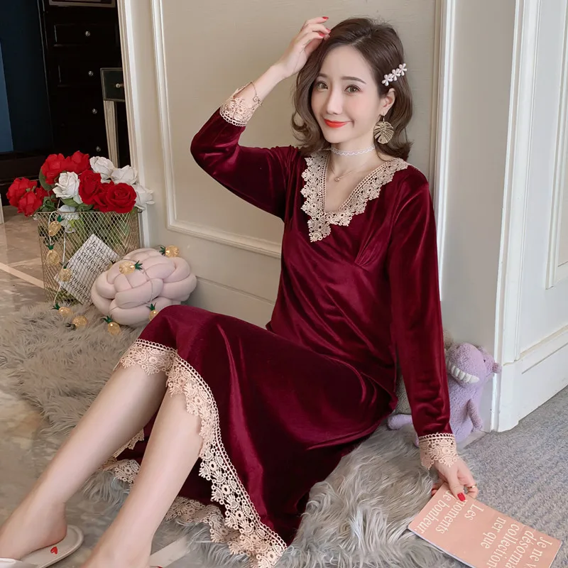 Autumn Winter Thick Sleepshirts Warm Flannel Nightgowns For Women Long ...