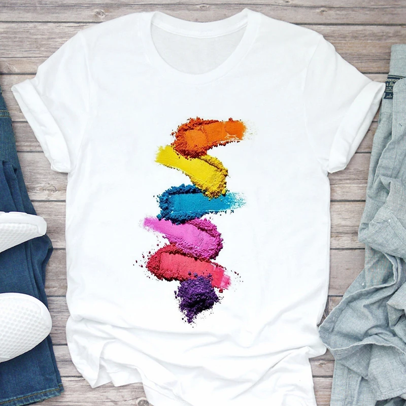 여성 T 셔츠 3d 메이크업 컬러 그래픽 패션 귀여운 인쇄 된 여성 Tshirt 화이트 0 목 하라주쿠 여름 숙 녀 의류 T