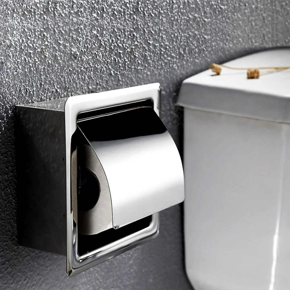 Stainless Steel Bathroom Toilet Roll Paper Holder Box Concealed Wall ...