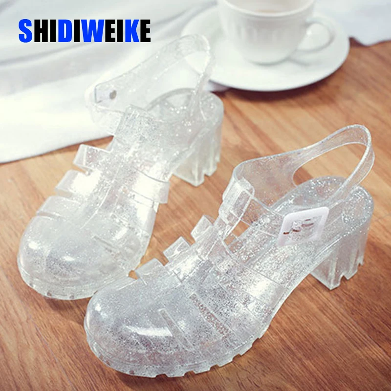 Summer Women Jelly Shoes Women Sandals Square High Heels Transparent ...