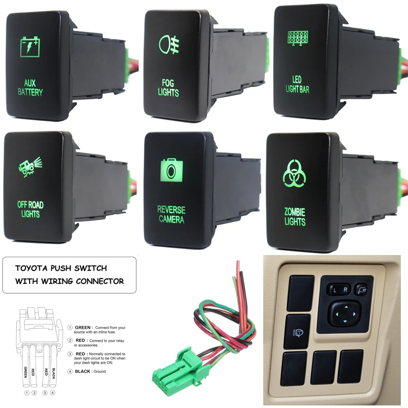 Blue/Green LED Light Push Switch Button For Toyota Prado Hilux Land ...