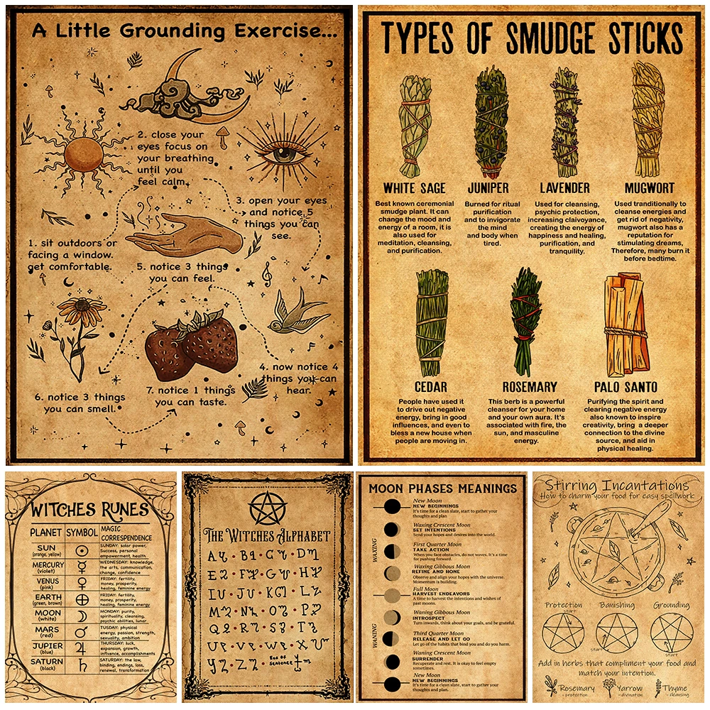 Witch Spell Rune Magic Knowledge Wall Art Canvas Painting Lunar ...