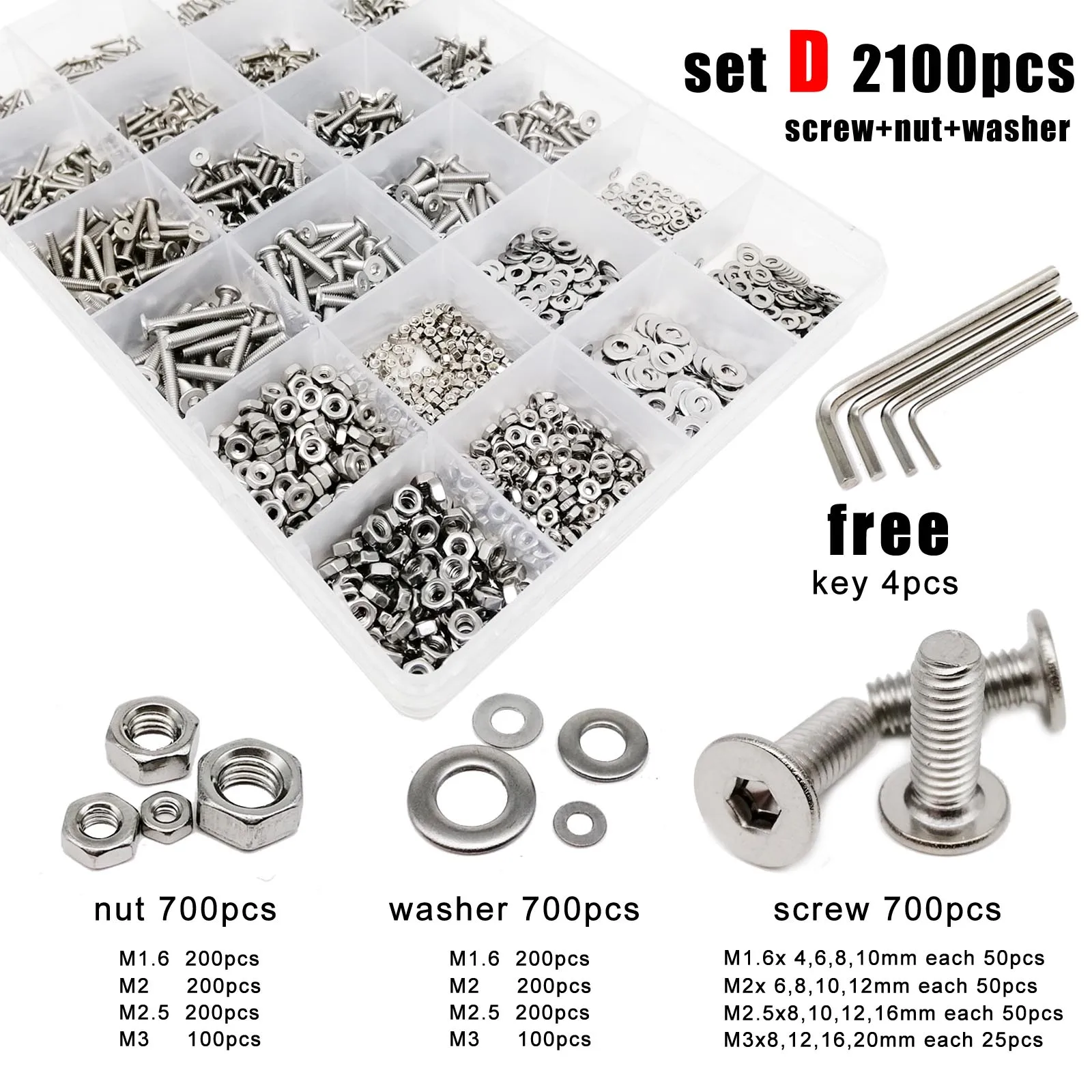 Set B 650pcs -Jeu d'assortiment de boulons à écrou en acier inoxydable 400-2100 M1.6 M2 M4 M5 ...