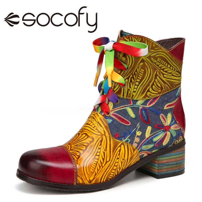 SOCOFY – bottes en cuir à talons épais pour femmes, chaussures à lacets ...
