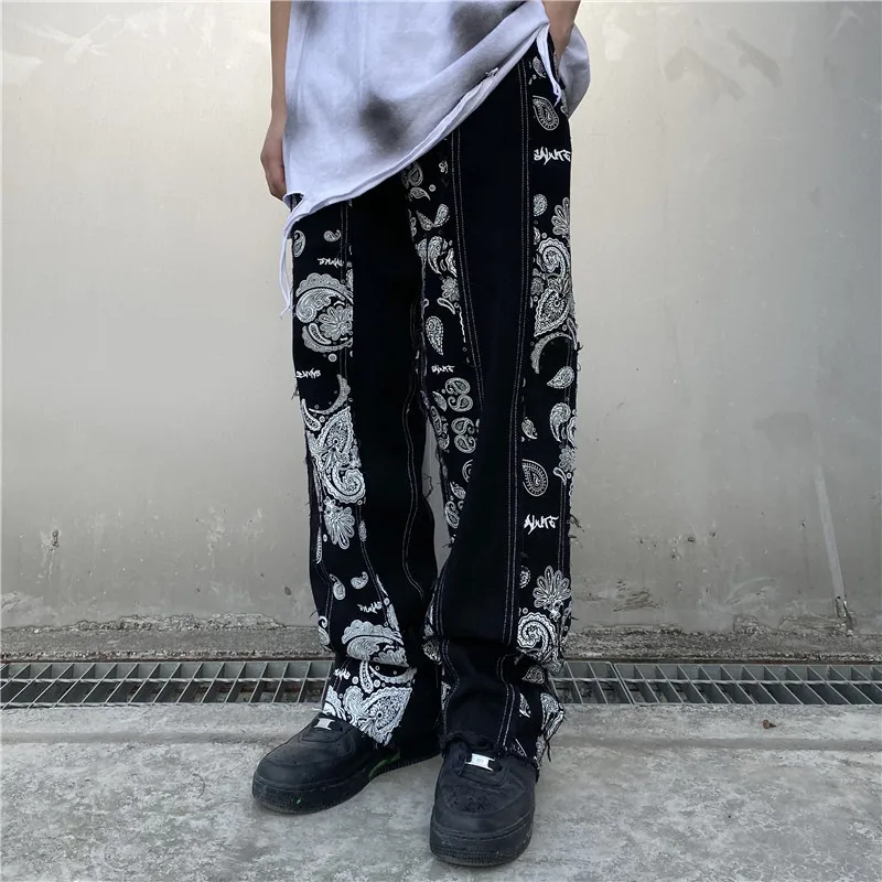 Men-Vintage-Pattern-Print-Straight-Jeans-Trousers-Male-Ragged-Design ...