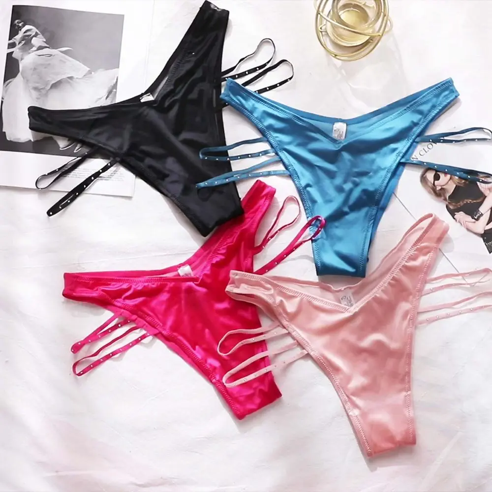 Sexy Mesh Rhinestones Thong Women Hollow Low Waist Seamless Heart ...