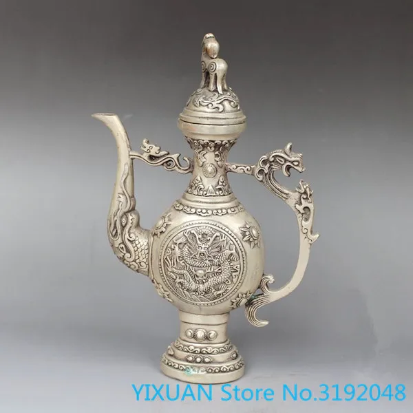 Pot tibétain Antique en cuivre blanc plaqué argent, théière, bouilloire ...